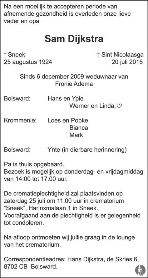 Sam Dijkstra 20 Juli 2015 • Overlijdensbericht En Condoleances Mensenlinq