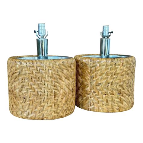 Pair Of Mid 20th Century Organic Modern Rattan Weave And Chrome Table