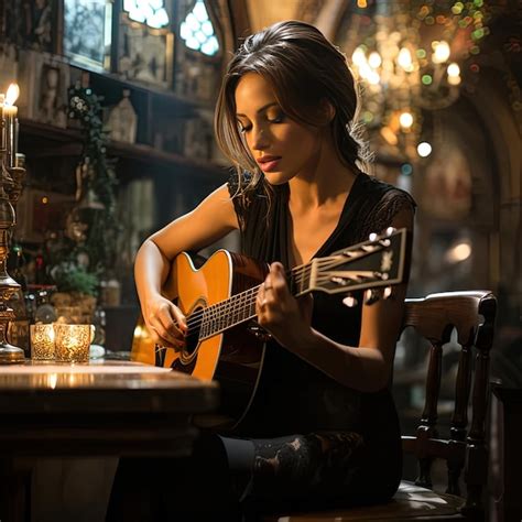 A Woman Playing A Guitar Premium Ai Generated Image