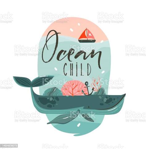 손으로 그린된 벡터 추상 만화 여름 시간 그래픽 일러스트 아트 템플릿 인쇄 배지 배경 파도 항해 및 바다 아이 인용 흰색 배경에 고립 된 아름다움 고래 계절에 대한 스톡