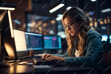 Girl Programmer Typing Code On Keyboard To Develop Program In Office Room Premium Ai Generated