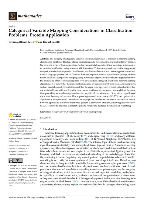 Pdf Categorical Variable Mapping Considerations In Classification Problems Protein Application