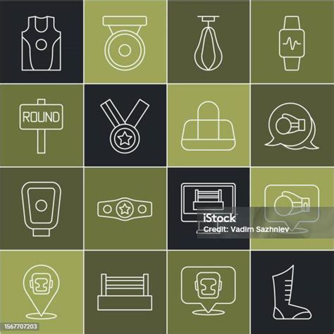 세트 라인 스포츠 권투 신발 권투 장갑 펀칭 백 메달 링 보드 저지 및 티셔츠와 아이콘 벡터 Championship에 대한 스톡 벡터 아트 및 기타 이미지 Istock
