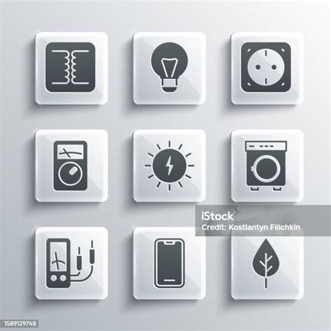 휴대폰 리프 에코 기호 와셔 태양 에너지 패널 암페어 미터 멀티 미터 전기 변압기 및 콘센트 아이콘을 설정합니다 벡터 재활용에