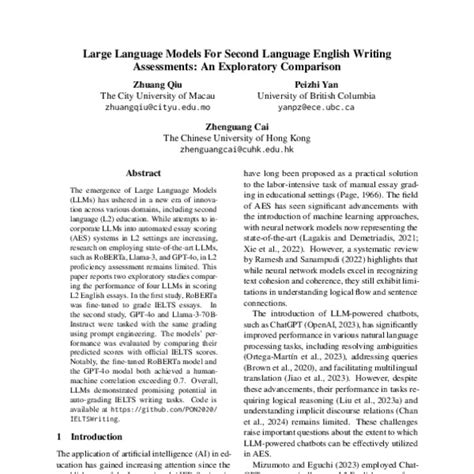 Large Language Models For Second Language English Writing Assessments An Exploratory Comparison