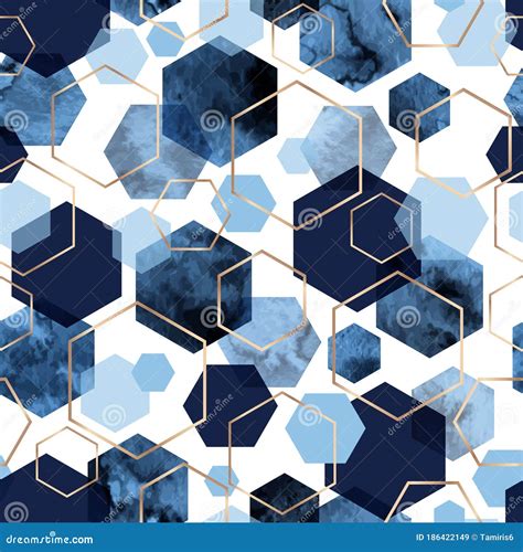Seamless Abstract Geometric Pattern With Gold Foil Outline And Deep Blue Watercolor Hexagons