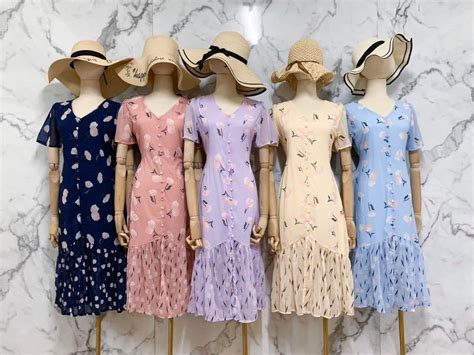 เดรสกระโปรงชีฟองลายทิวลิปทรงหางปลาระบาย 5 สี ตามรูป อก 32 38 เอวฟรี 24