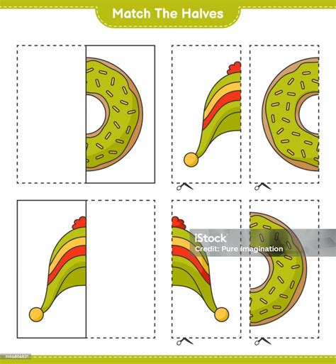 반쪽을 일치시킵니다 도넛과 모자의 절반을 일치시킵니다 교육 어린이 게임 인쇄 워크시트 벡터 일러스트 레이 션 0명에 대한 스톡 벡터 아트 및 기타 이미지 Istock