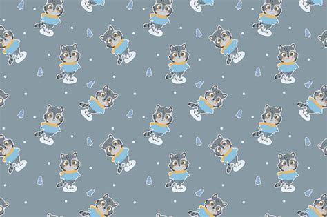 얼음 에 스케이트 옷너구리의 귀여운 작은 만화 캐릭터의 유치한 매끄러운 패턴 회색 배경에 스티커와 같은 흰색 윤곽이있는