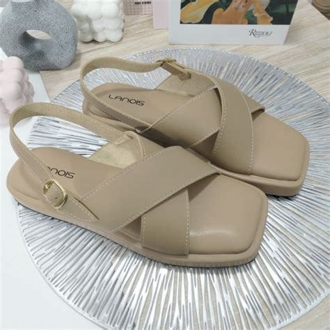 Jual Lanois Yoona Sandal Flat Spon Wanita Tali Mocca Shopee Indonesia