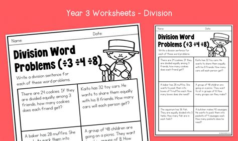 Year 3 Division Word Problems ÷3 ÷4 ÷8 Worksheets Ks2 Division