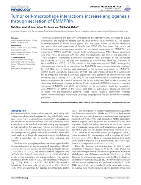 Pdf Tumor Cell Macrophage Interactions Increase Angiogenesis Through Secretion Of Emmprin