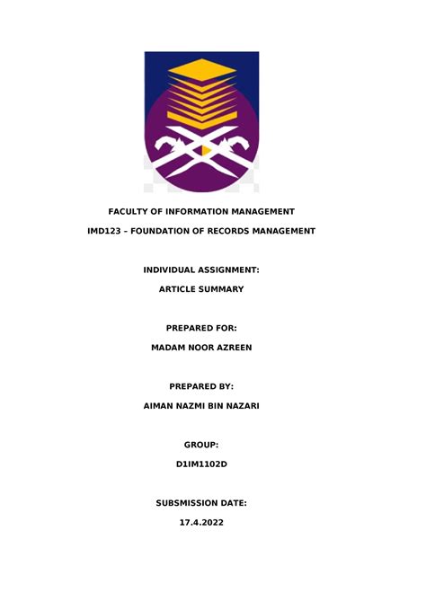 Doc1 Lecture Notes Faculty Of Information Management Imd123 Foundation Of Records