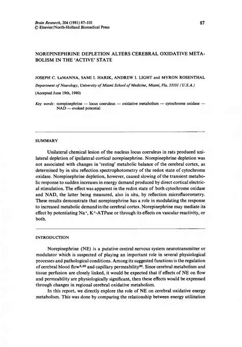 Pdf Norepinephrine Depletion Alters Cerebral Oxidative Metabolism In The ‘active State