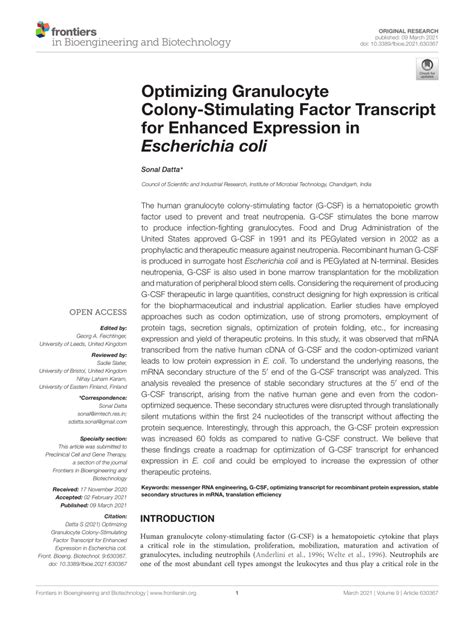 Pdf Optimizing Granulocyte Colony Stimulating Factor Transcript For Enhanced Expression In