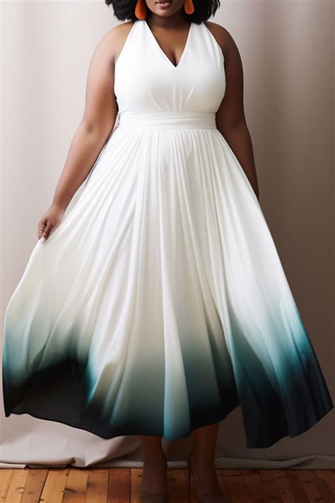 Xpluswear Design Plus Size Semi Formal White Gradient V Neck Midi
