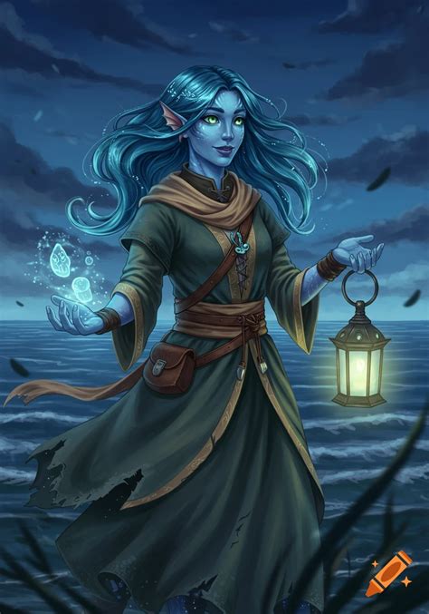 A Blue Skinned Blue Haired Female Water Genasi Cleric In A Green Robe