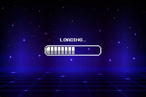 로딩 바 픽셀 아트 8 비트 레트로 게임 벡터 일러스트레이션의 게임 자산용 복고풍 미래파 공상 과학 배경 빛나는 네온 그리드와 빈티지 아케이드 컴퓨터 게임에서 별 0명에