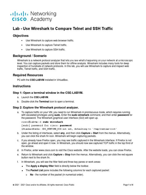 Use Wireshark To Compare Telnet And Ssh Traffic Pdf Secure Shell