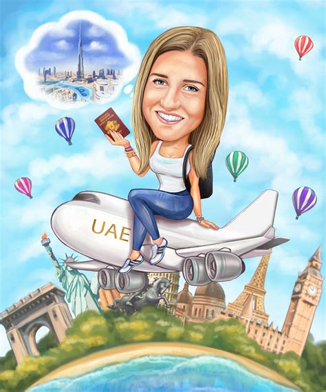 Travel Caricature For A Woman On An Airplane Cartoon Airplane Travel