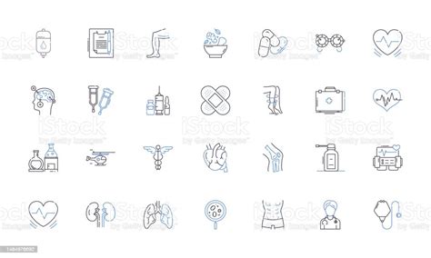 긴급 치료 센터 라인 아이콘 모음입니다 응급 진료소 워크인 의사 치료 질병 부상 벡터 및 선형 그림 의료 의료 테스트 개요 표지판 세트 아이콘에 대한 스톡 벡터 아트 및