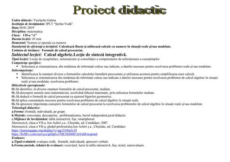 Proiect Modelproiect Didactic La Matematică Calcul Algebricdoc