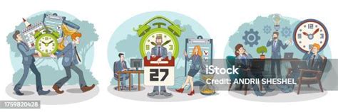 남자들은 시계 달력 모래시계를 가지고 다닌다 팀은 제 시간에 작업을 마쳤습니다 비즈니스 미팅에 남성 Brand Name Smart Phone에 대한 스톡 벡터 아트 및 기타