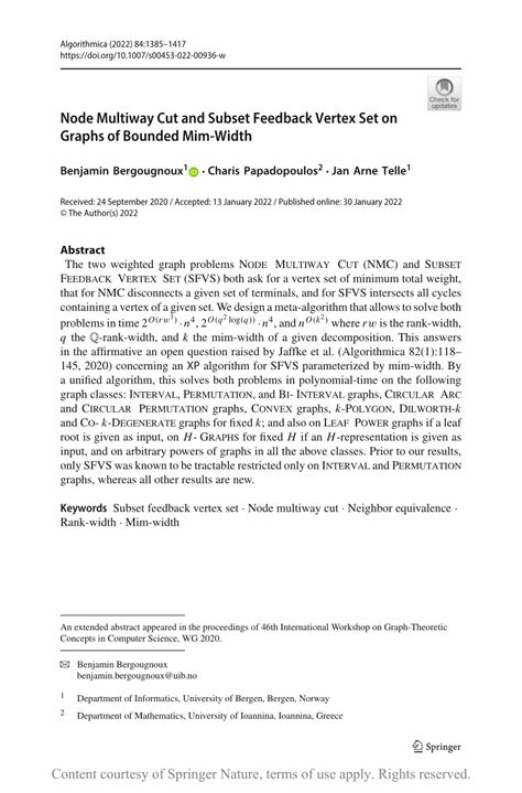 Pdf Node Multiway Cut And Subset Feedback Vertex Set On Graphs Of