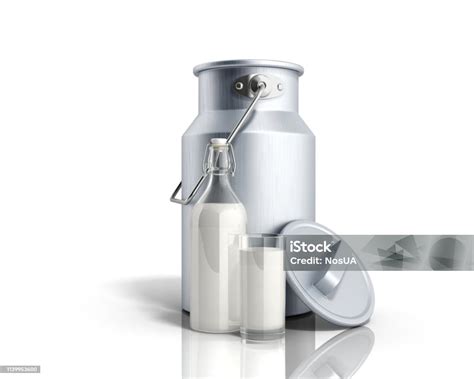 젖 병 근처의 우유 수 용기와 우유의 유리 흰색 바탕에 3d 렌더링 0명에 대한 스톡 사진 및 기타 이미지 0명 가득 찬