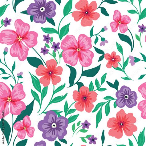Cute Floral Print With Pink Flowers Various Leaves Twigs On A Light