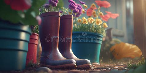 A Closeup Rubber Boots In A Green Beautiful Garden Gardening Boots On The Wood Plank On The