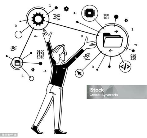 Programmer Is Coding And Repairing Some Machine System Vector Outline Illustration Computer