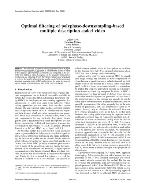 Pdf Optimal Filtering Of Polyphase Downsampling Based Multiple Description Coded Video