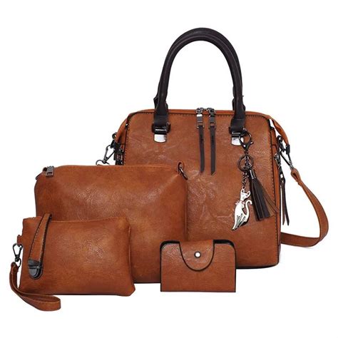 Womens 4 Piece Pu Leather Handbag Set Large Capacity Tote