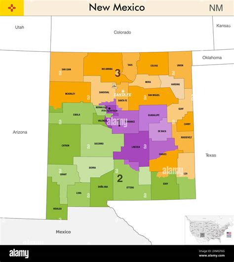 New Mexico State Map With Counties Borders And Colored Congressional Districts Boundaries Due To