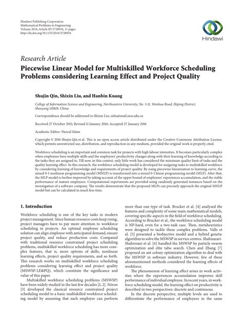 Pdf Piecewise Linear Model For Multiskilled Workforce Scheduling Problems Considering Learning