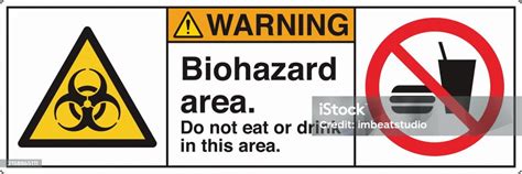 Ansi Z535 안전 표지 마킹 라벨 기호 픽토그램 표준 경고 생물학적 위험 영역 이 영역에서 먹거나 마시지 마십시오 텍스트 풍경 흰색 02가 있는 두 기호 경계 표지에