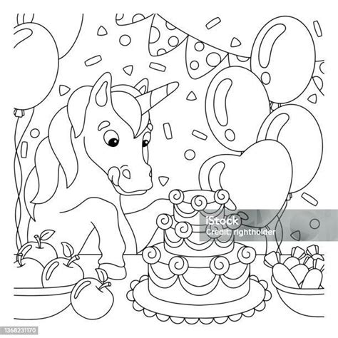 아이들을위한 색칠 공부 책 페이지 생일 파티의 유니콘이 케이크를 본다 만화 스타일의 캐릭터 흰색 배경에서 격리된 벡터 그림입니다