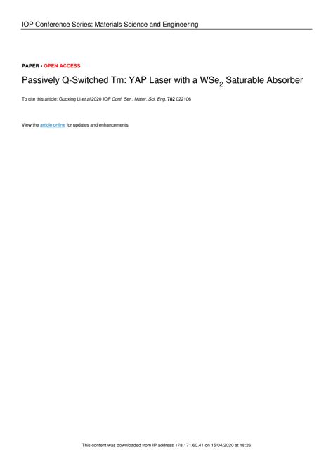 Pdf Passively Q Switched Tm Yap Laser With A Wse 2 Saturable Absorber