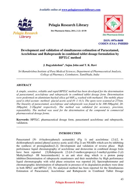 Pdf Development And Validation Of Simultaneous Estimation Of Paracetamol Aceclofenac And