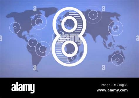 numbers animation over world map with circular data points technology