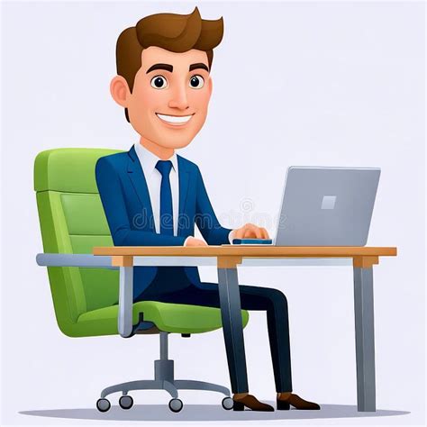 Cartoon Businessman Sitting And Working In Office With Laptop Stock