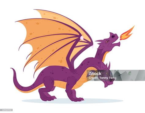 만화 판타지 파충류 머리가 두 개인 날개 달린 중세 용 불을 내뿜는 생물 흰색 배경에 동화 같은 짐승 평면 벡터 그림 가공의 인물에 대한 스톡 벡터 아트 및 기타 이미지
