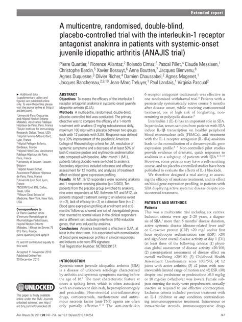 Pdf A Multicentre Randomised Double Blind Placebo Controlled Trial With The Interleukin 1