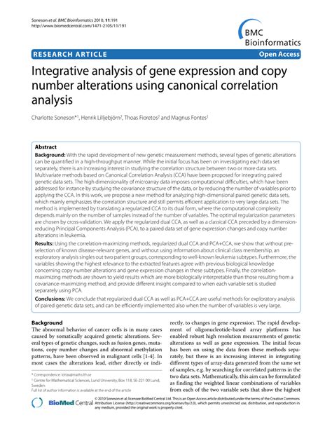 Pdf Integrative Analysis Of Gene Expression And Copy Number Alterations Using Canonical