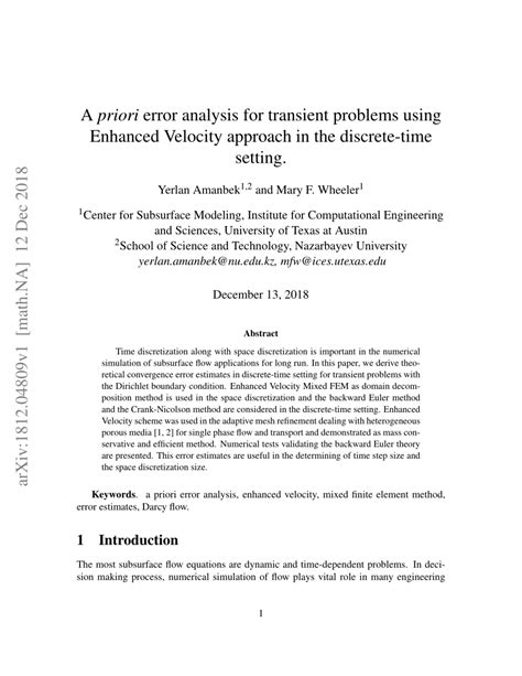 Pdf A Priori Error Analysis For Transient Problems Using Enhanced Velocity Approach In The