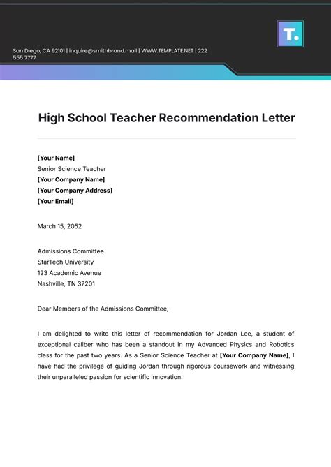 Free High School Teacher Recommendation Letter Template To Edit Online
