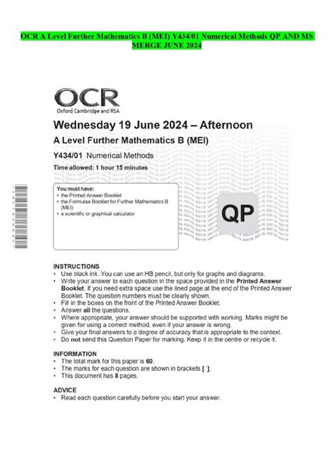 Ocr A Level Further Mathematics B Mei Y43401 Numerical Methods Qp