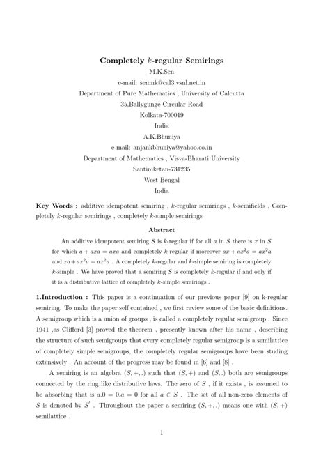 Pdf Completely K Regular Semirings