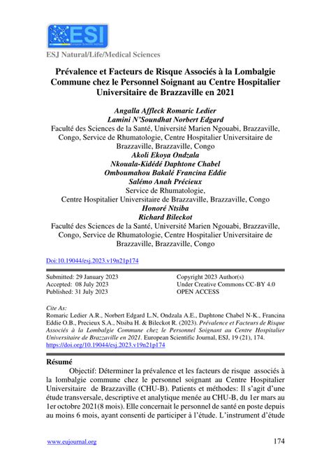 Pdf Prévalence Et Facteurs De Risque Associés à La Lombalgie Commune Chez Le Personnel